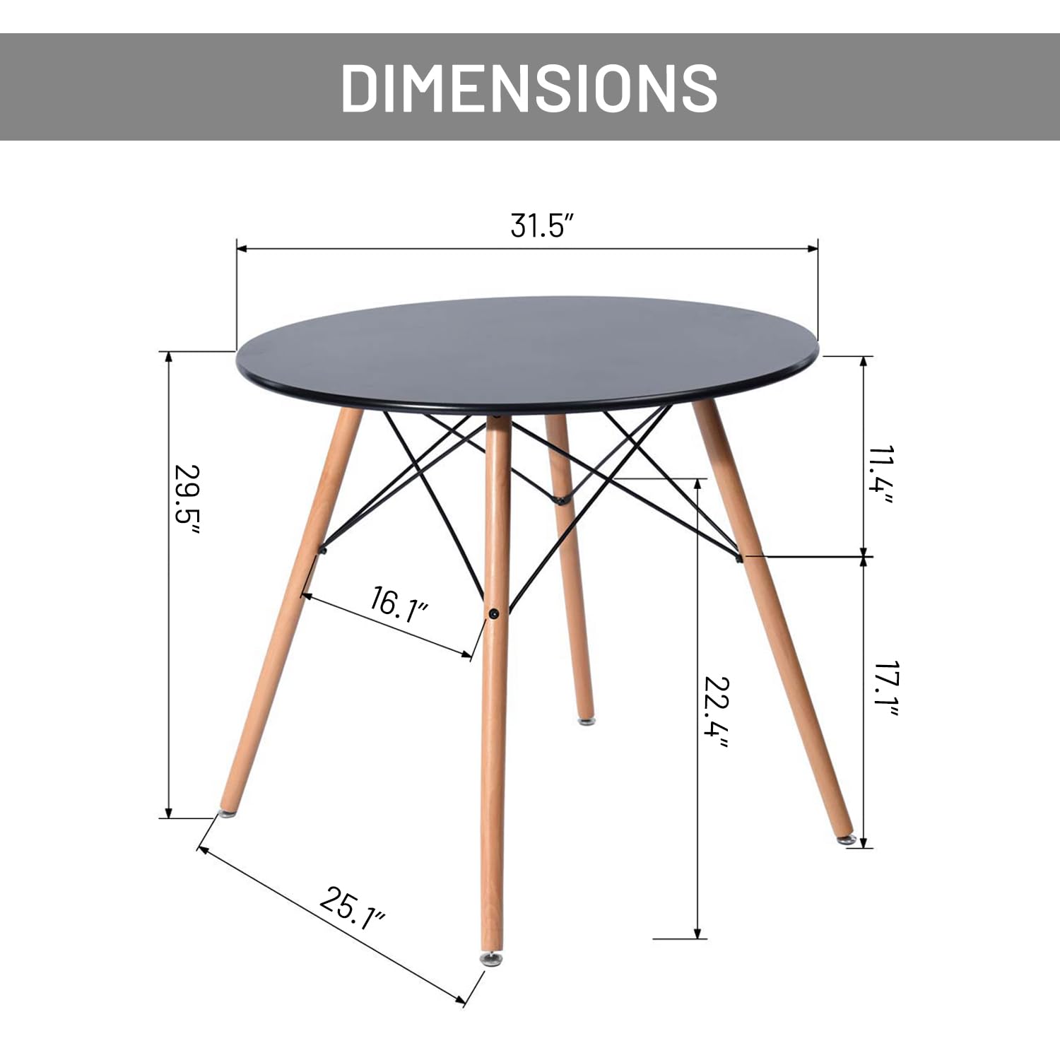 FurnitureR 31.5 Inch Modern Round Dining Table with Wooden Legs for Home Kitchen Living Room Corner Small Spaces Leisure, Black