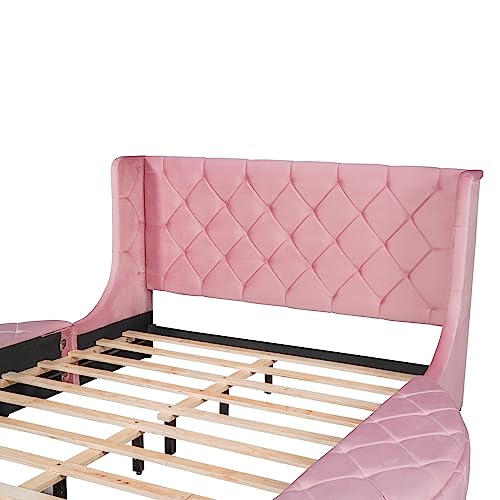 GERDIOEB Queen Upholstered Platform Bed with Wingback Headboard and 1 Large Drawer, Velvet Platform Mattress Foundation, 2 Side Storage Benches Queen Size Bed (Pink)