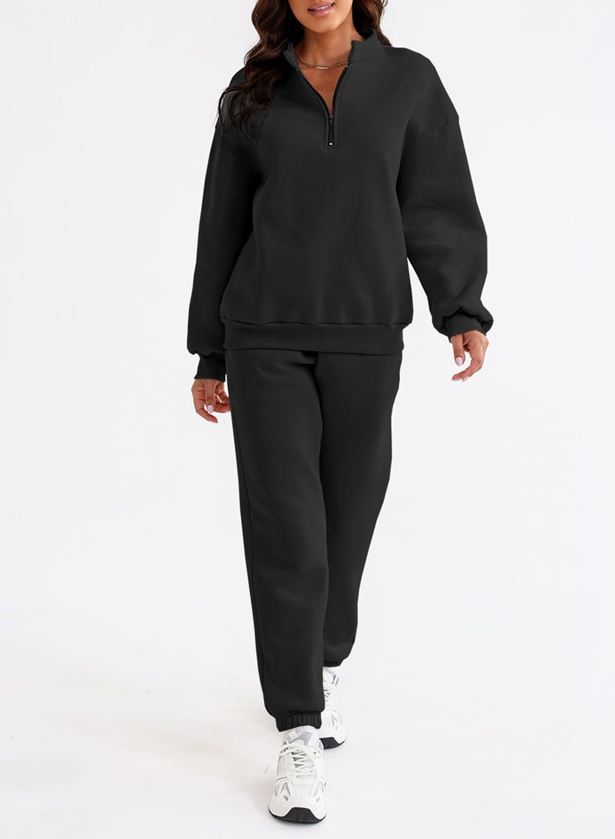 Aleumdr Womens 2 Piece Sweatsuit Sets 2025 Fall Trendy Half Zip Pullover Long Sleeve Sweatshirt Jogger Pants Outfits with Pockets Black Medium