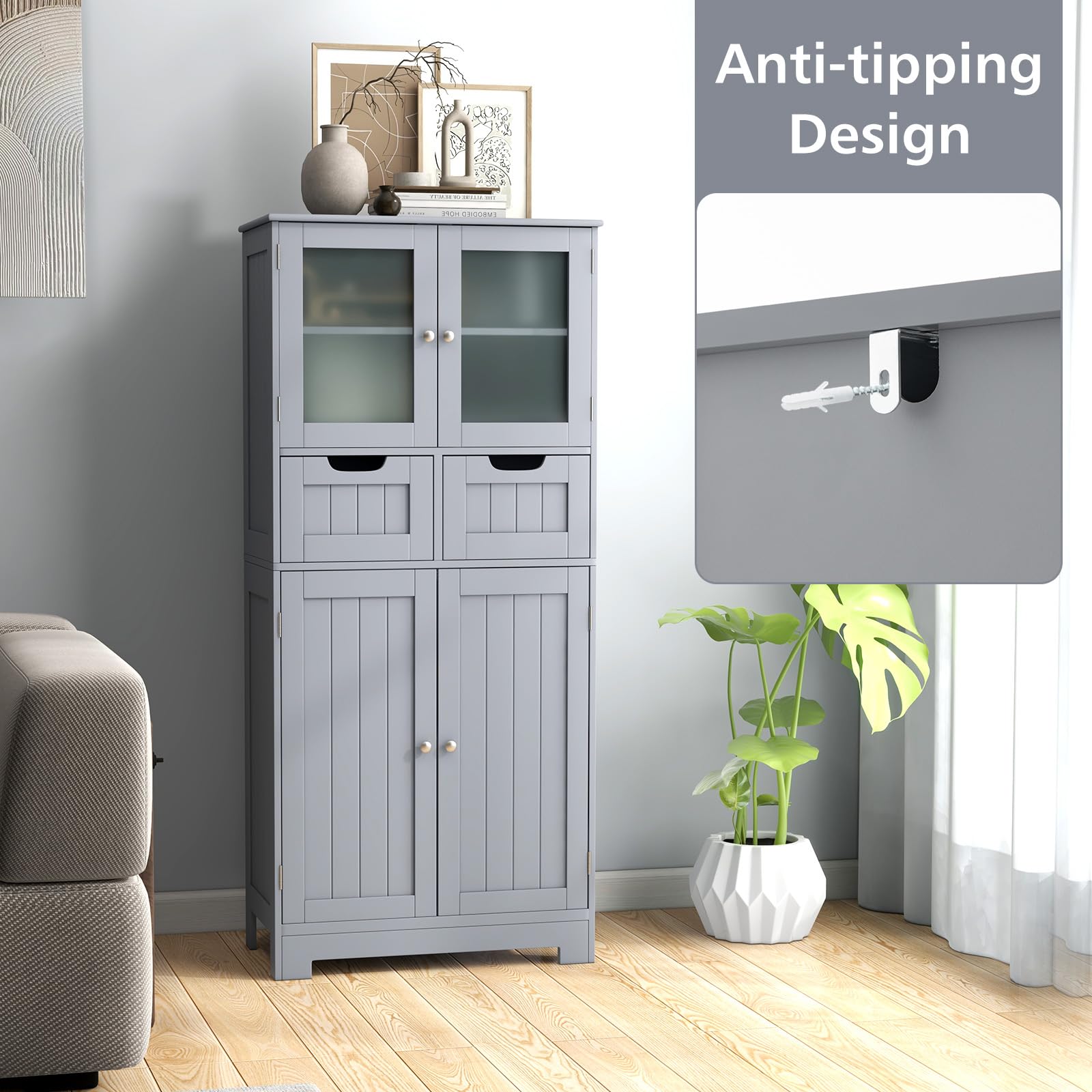 Giantex Bathroom Floor Storage Cabinet - Freestanding Cabinet with 2 Glass Doors, 2 Drawers & Adjustable Shelves, Multifunctional 50.5” Tall Storage Organizer Cupboard for Kitchen, Living Room (Gray)