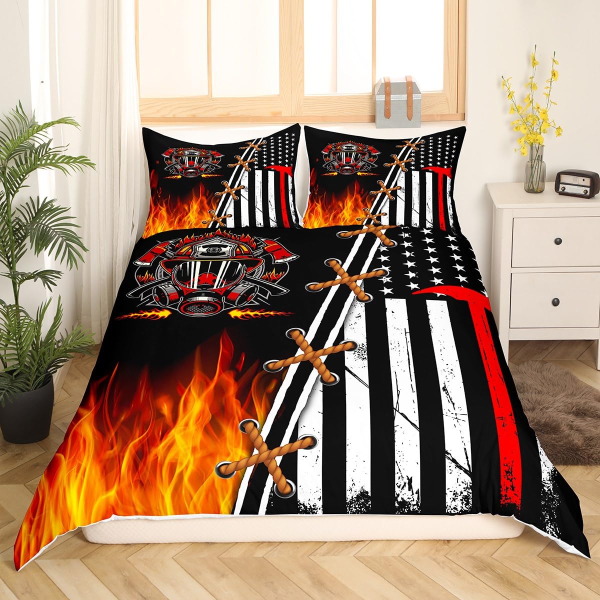Teens Fireman Duvet Cover Set,Kids Retro American Flag Bedding Set King Size,Red and Black Comforter Cover for Boys Bedroom Decor,Flame Quilt Cover with 2 Pillow Cases(No Comforter)