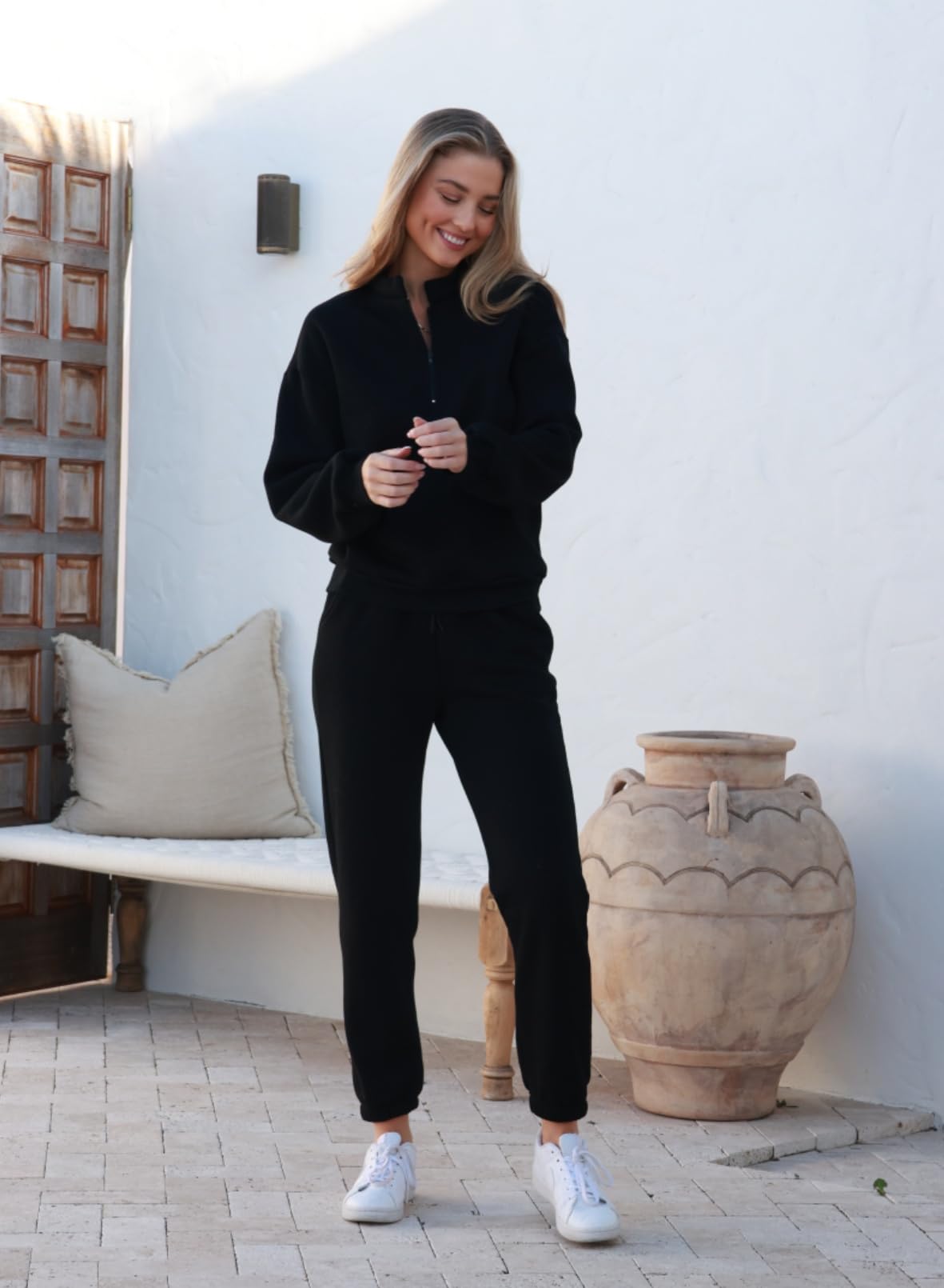 Aleumdr Womens 2 Piece Sweatsuit Sets 2025 Fall Trendy Half Zip Pullover Long Sleeve Sweatshirt Jogger Pants Outfits with Pockets Black Medium
