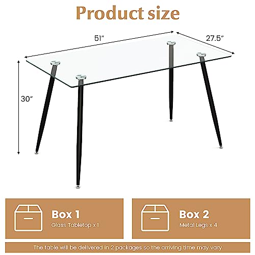 Tangkula Glass Dining Table, Modern Rectangular Table with Tempered Glass Tabletop & Black Steel Legs, Simplistic Kitchen Table, 51 x 27.5 x 29.5 Inch, Versatile Table for Home Office