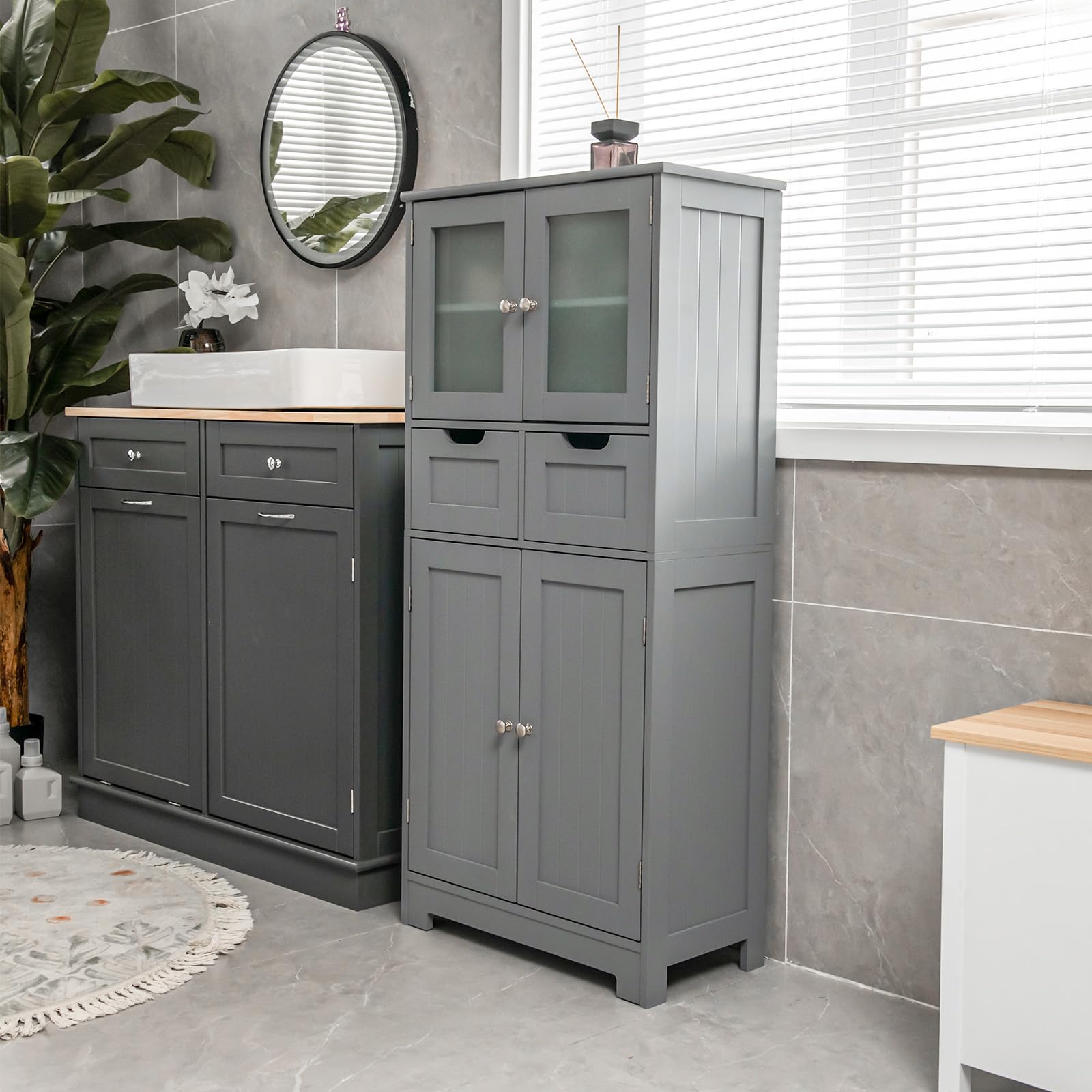 Giantex Bathroom Floor Storage Cabinet - Freestanding Cabinet with 2 Glass Doors, 2 Drawers & Adjustable Shelves, Multifunctional 50.5” Tall Storage Organizer Cupboard for Kitchen, Living Room (Gray)