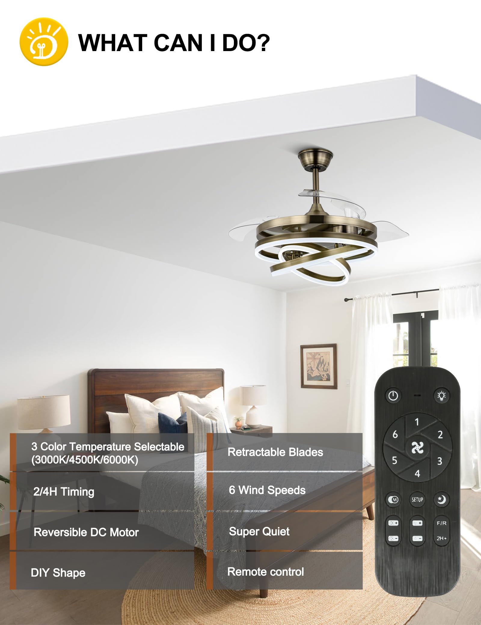 Dawn Whisper 42 Inch Retractable Ceiling Fan, Modern Ceiling Fans with Lights and Remote, Silent DC Motor, 6 Speed,Color Changing, Bronze Retractable Ceiling Fan with Lights for Kitchen