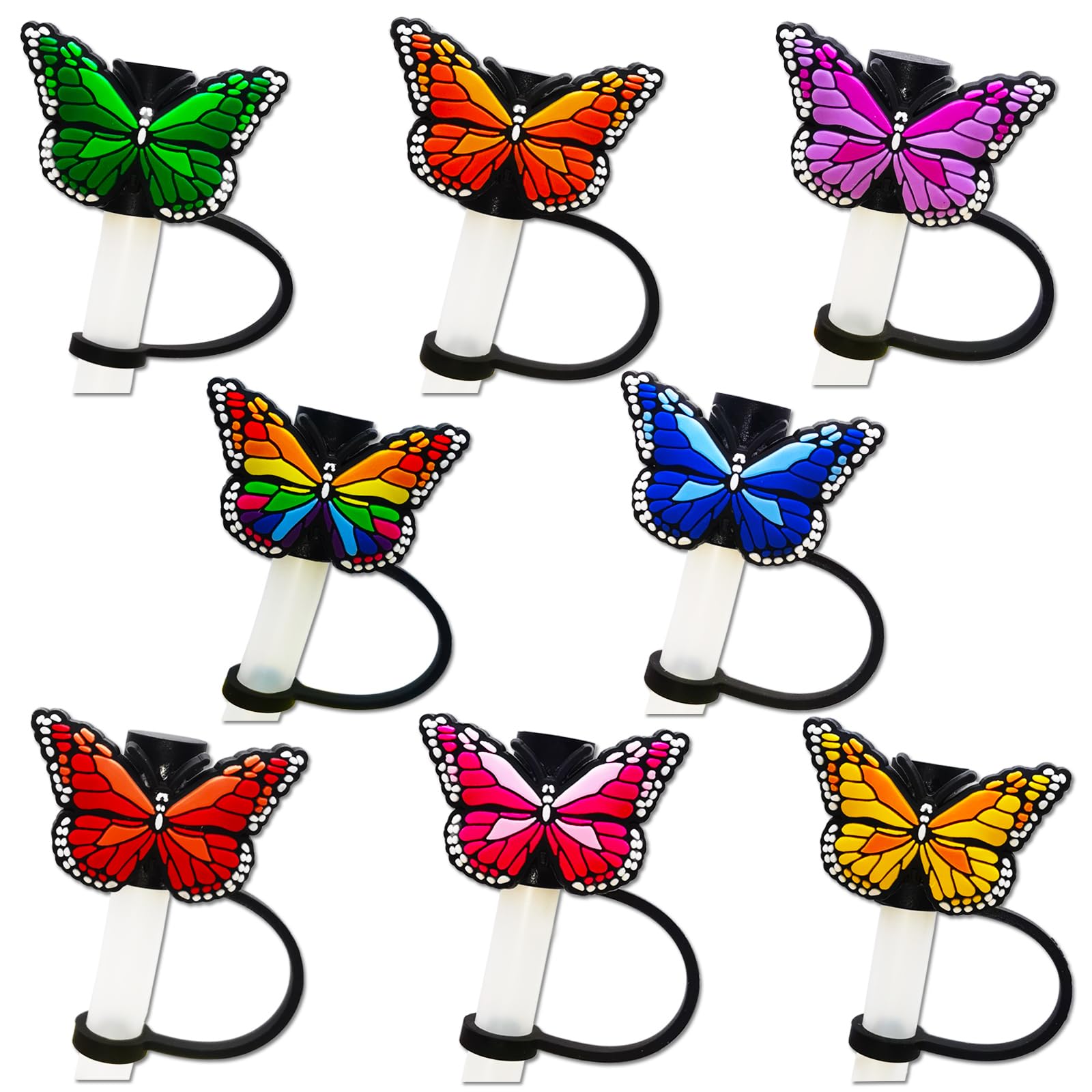 8PCS Butterfly Drinking Straw Covers Caps, Colorful Butterflies Reusable Portable Drinking Straw Tips Lids, Straw Toppers for Tumblers, Dust Proof Plugs Protector