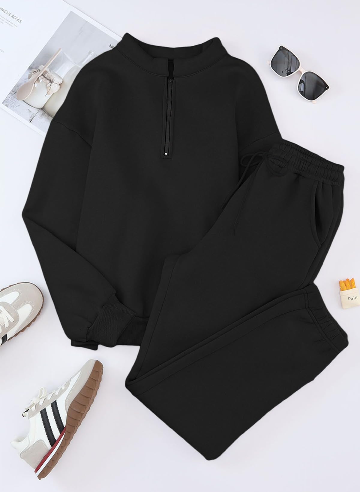 Aleumdr Womens 2 Piece Sweatsuit Sets 2025 Fall Trendy Half Zip Pullover Long Sleeve Sweatshirt Jogger Pants Outfits with Pockets Black Medium