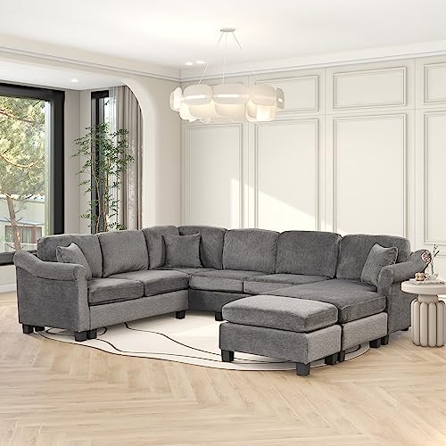 Elegant Sectional Sofa Couch with Movable Ottoman and Right Side Chaise Lounge ,U-Shaped Corner Velvet Upholstered Sectional & Couch W/ 3 Pillows for Home Office Apartment Living Room Furniture Sets