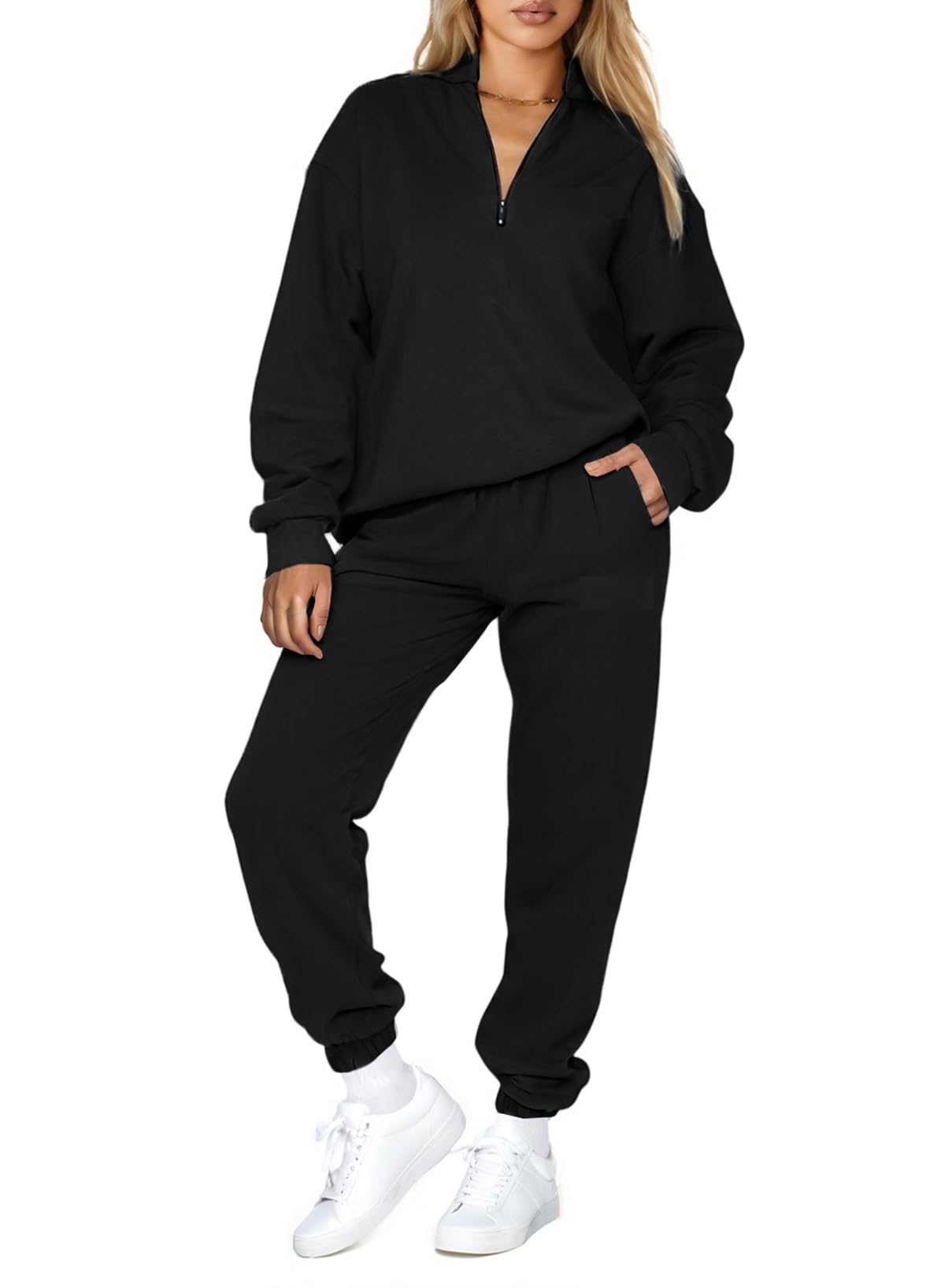 Aleumdr Womens 2 Piece Sweatsuit Sets 2025 Fall Trendy Half Zip Pullover Long Sleeve Sweatshirt Jogger Pants Outfits with Pockets Black Medium