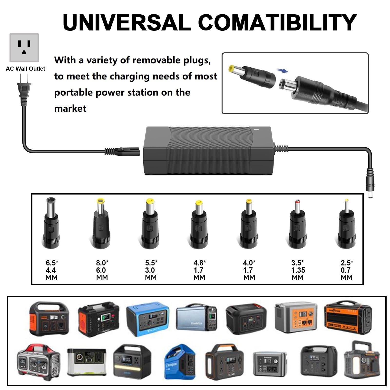 HKY 19V 90W Universal AC DC Adapter for Portable Power Station Fit Jackery Goal Zero BLUETTI Anker MARBERO BALDR GRECELL Flashfish ALLWEI Rockpals 200W~500W and More Brands Outdoor Solar Generator