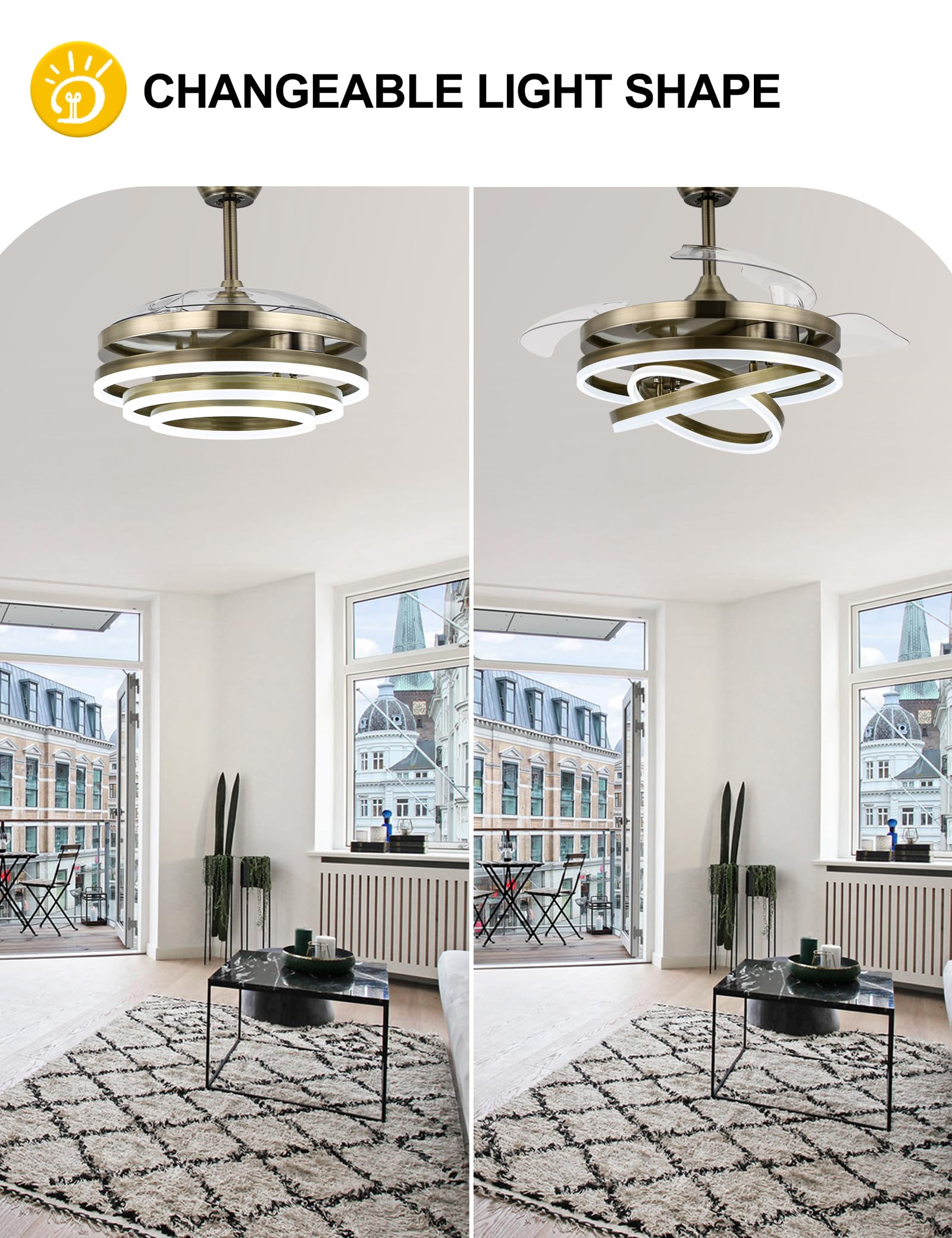 Dawn Whisper 42 Inch Retractable Ceiling Fan, Modern Ceiling Fans with Lights and Remote, Silent DC Motor, 6 Speed,Color Changing, Bronze Retractable Ceiling Fan with Lights for Kitchen