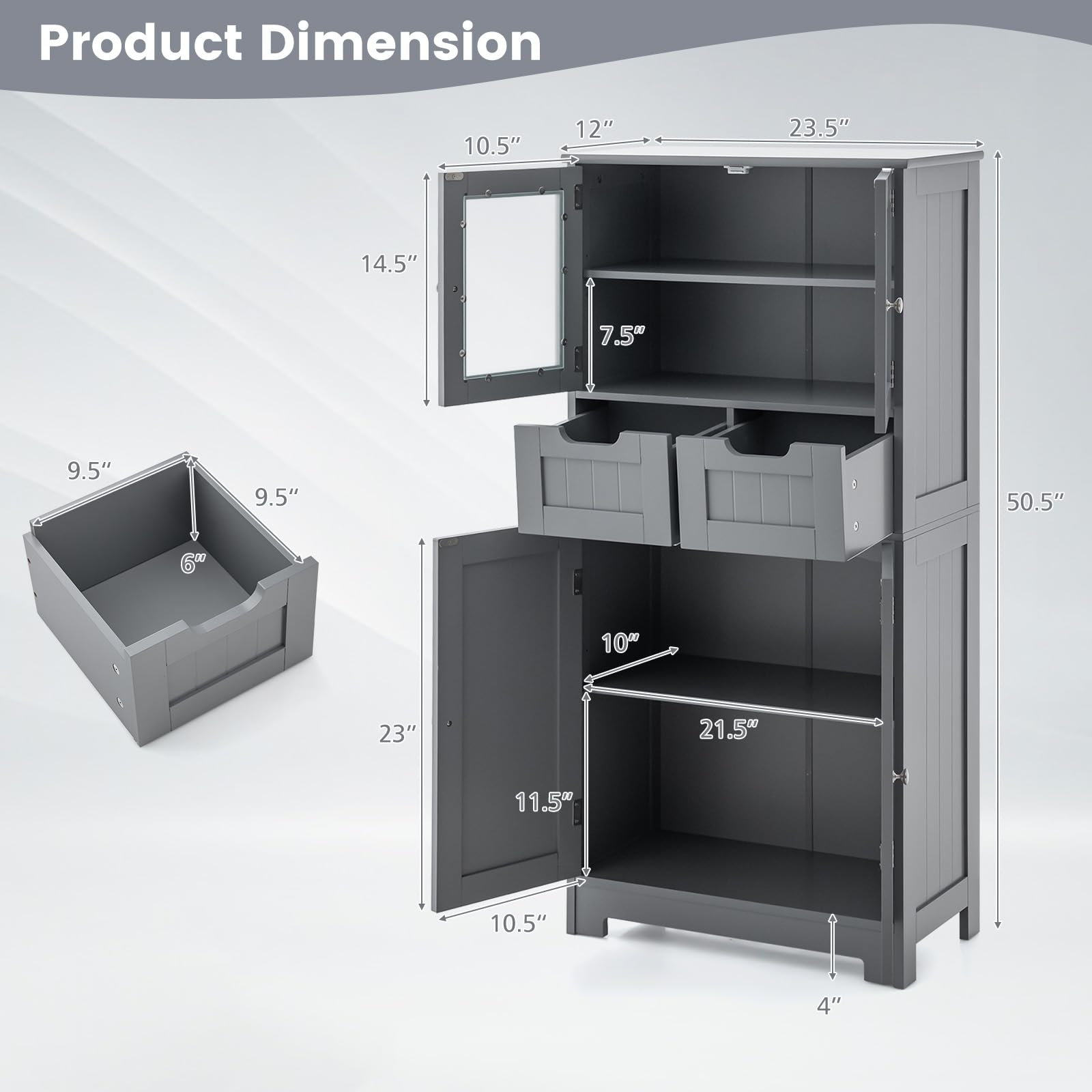 Giantex Bathroom Floor Storage Cabinet - Freestanding Cabinet with 2 Glass Doors, 2 Drawers & Adjustable Shelves, Multifunctional 50.5” Tall Storage Organizer Cupboard for Kitchen, Living Room (Gray)