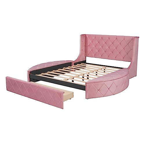 GERDIOEB Queen Upholstered Platform Bed with Wingback Headboard and 1 Large Drawer, Velvet Platform Mattress Foundation, 2 Side Storage Benches Queen Size Bed (Pink)