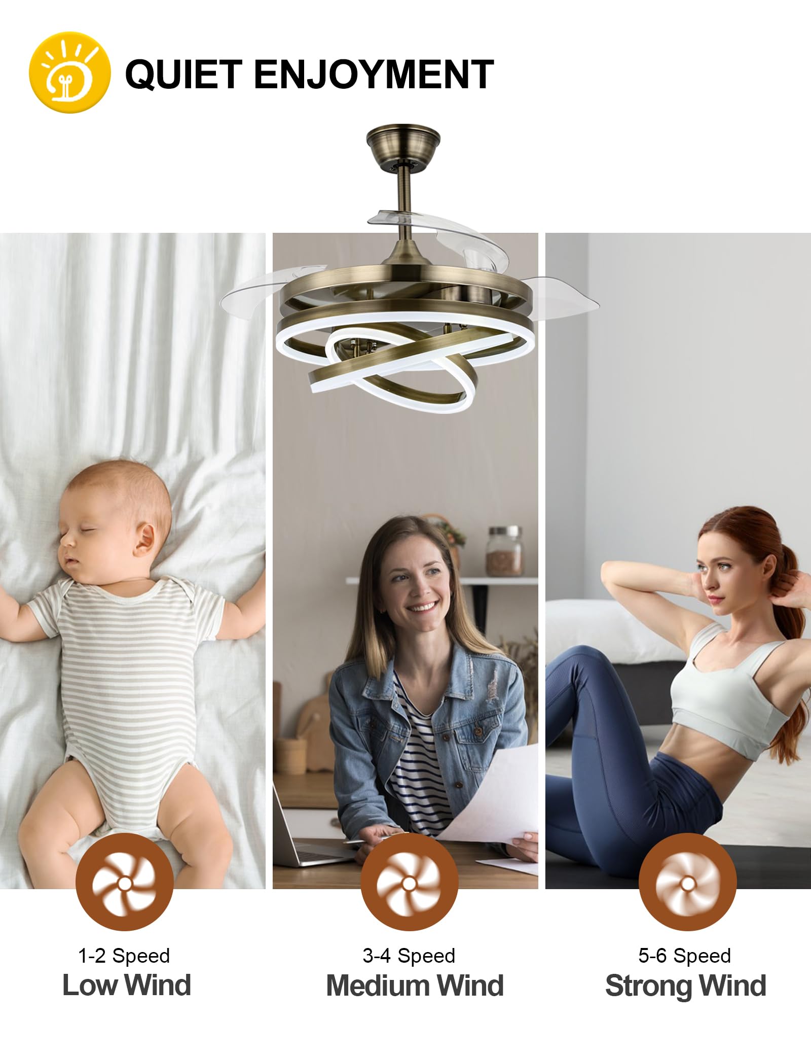 Dawn Whisper 42 Inch Retractable Ceiling Fan, Modern Ceiling Fans with Lights and Remote, Silent DC Motor, 6 Speed,Color Changing, Bronze Retractable Ceiling Fan with Lights for Kitchen
