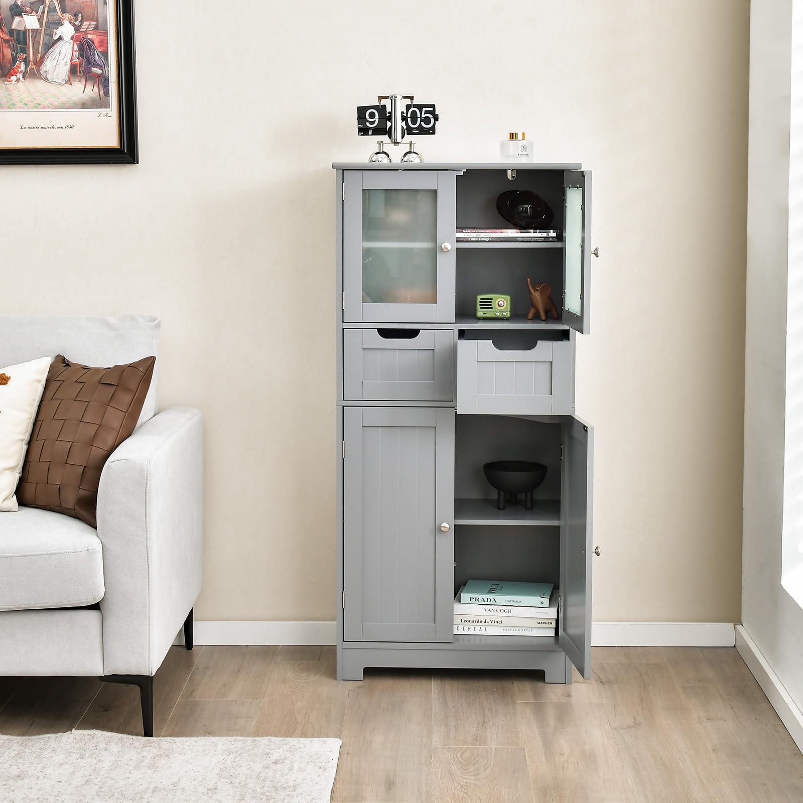 Giantex Bathroom Floor Storage Cabinet - Freestanding Cabinet with 2 Glass Doors, 2 Drawers & Adjustable Shelves, Multifunctional 50.5” Tall Storage Organizer Cupboard for Kitchen, Living Room (Gray)