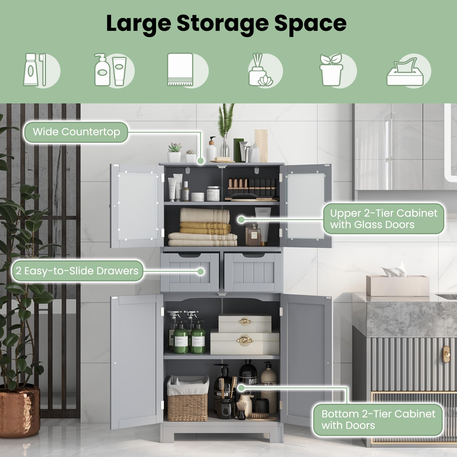 Giantex Bathroom Floor Storage Cabinet - Freestanding Cabinet with 2 Glass Doors, 2 Drawers & Adjustable Shelves, Multifunctional 50.5” Tall Storage Organizer Cupboard for Kitchen, Living Room (Gray)
