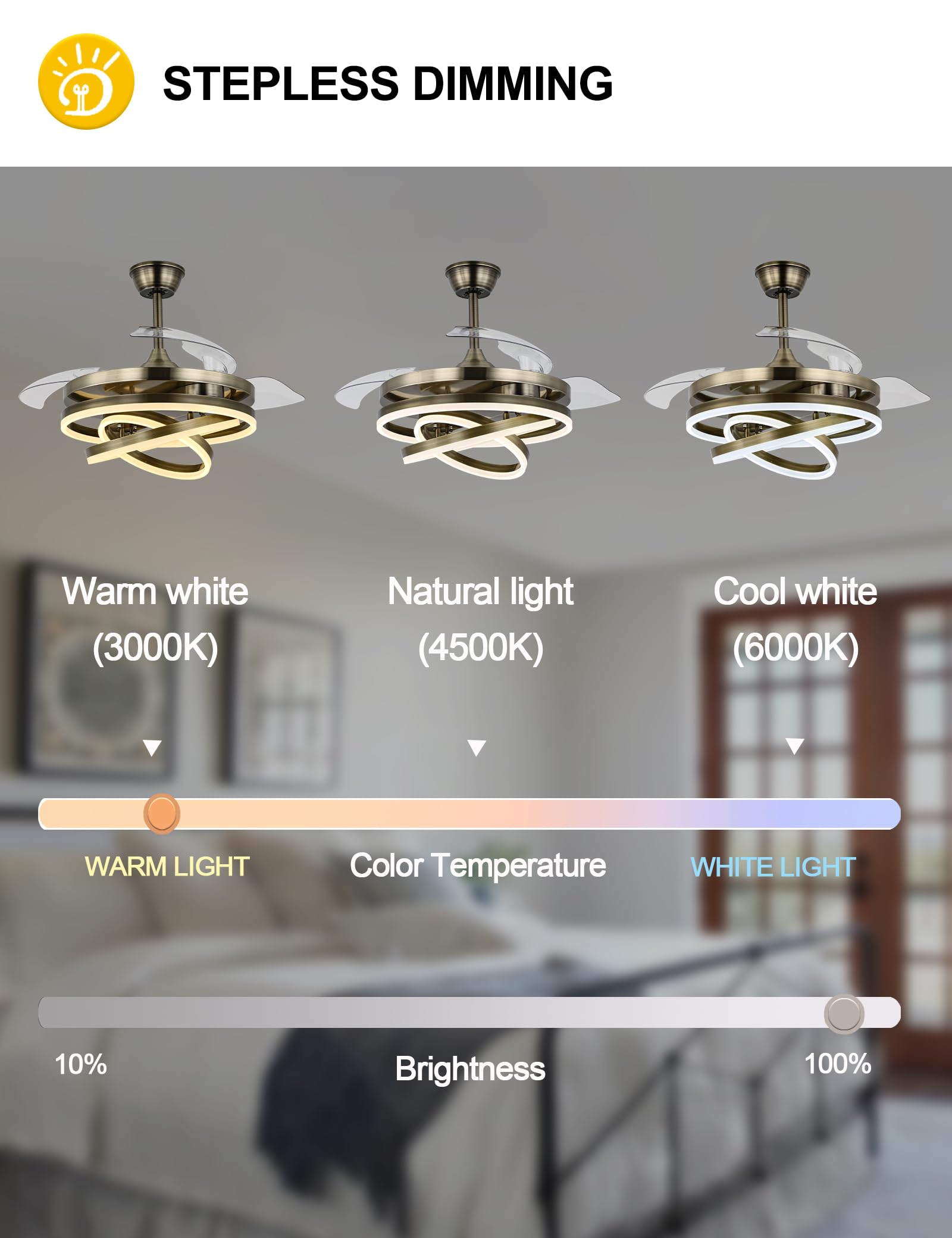 Dawn Whisper 42 Inch Retractable Ceiling Fan, Modern Ceiling Fans with Lights and Remote, Silent DC Motor, 6 Speed,Color Changing, Bronze Retractable Ceiling Fan with Lights for Kitchen