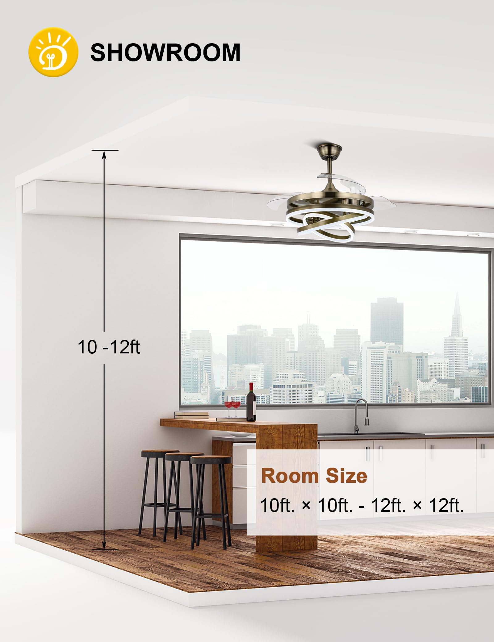 Dawn Whisper 42 Inch Retractable Ceiling Fan, Modern Ceiling Fans with Lights and Remote, Silent DC Motor, 6 Speed,Color Changing, Bronze Retractable Ceiling Fan with Lights for Kitchen