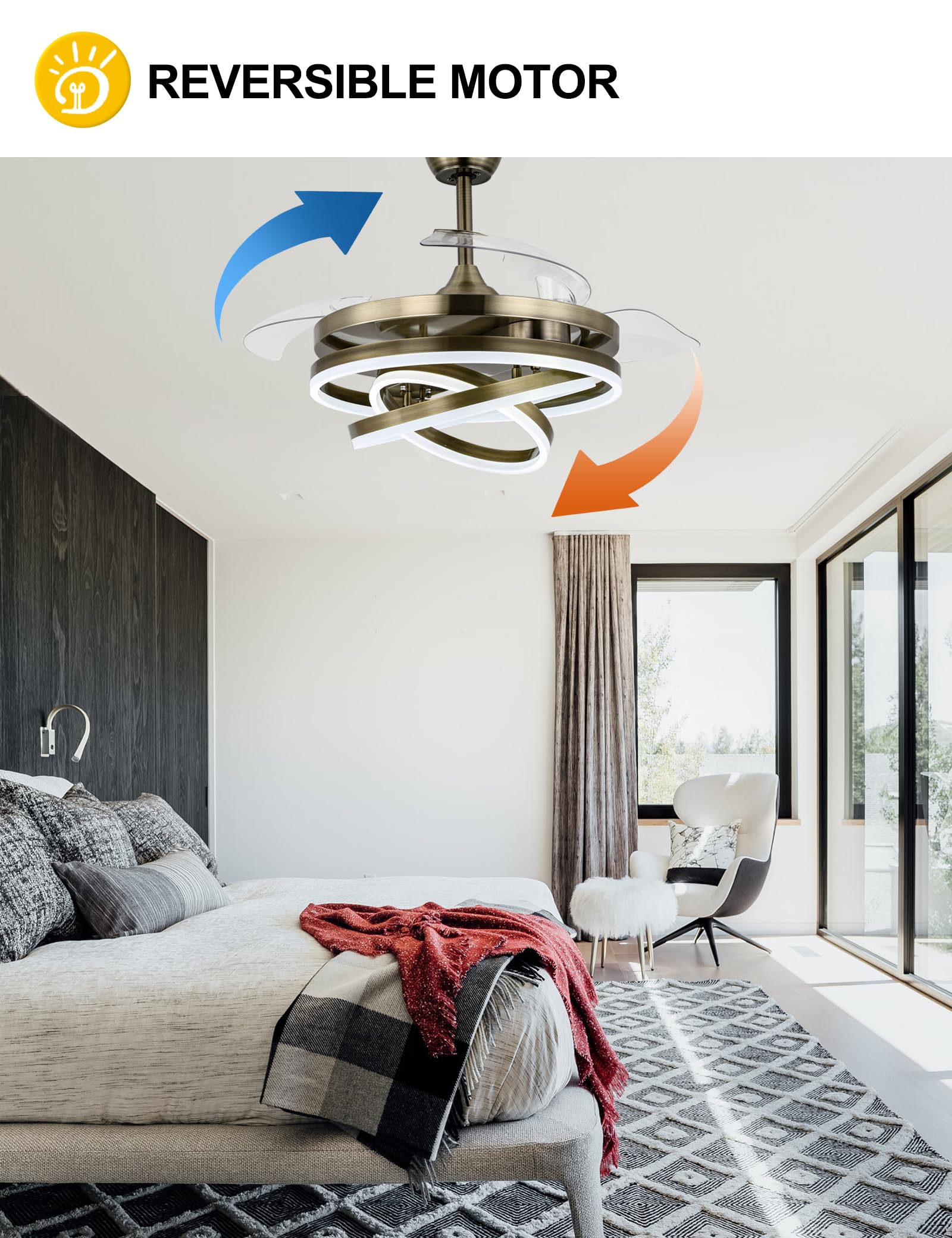 Dawn Whisper 42 Inch Retractable Ceiling Fan, Modern Ceiling Fans with Lights and Remote, Silent DC Motor, 6 Speed,Color Changing, Bronze Retractable Ceiling Fan with Lights for Kitchen