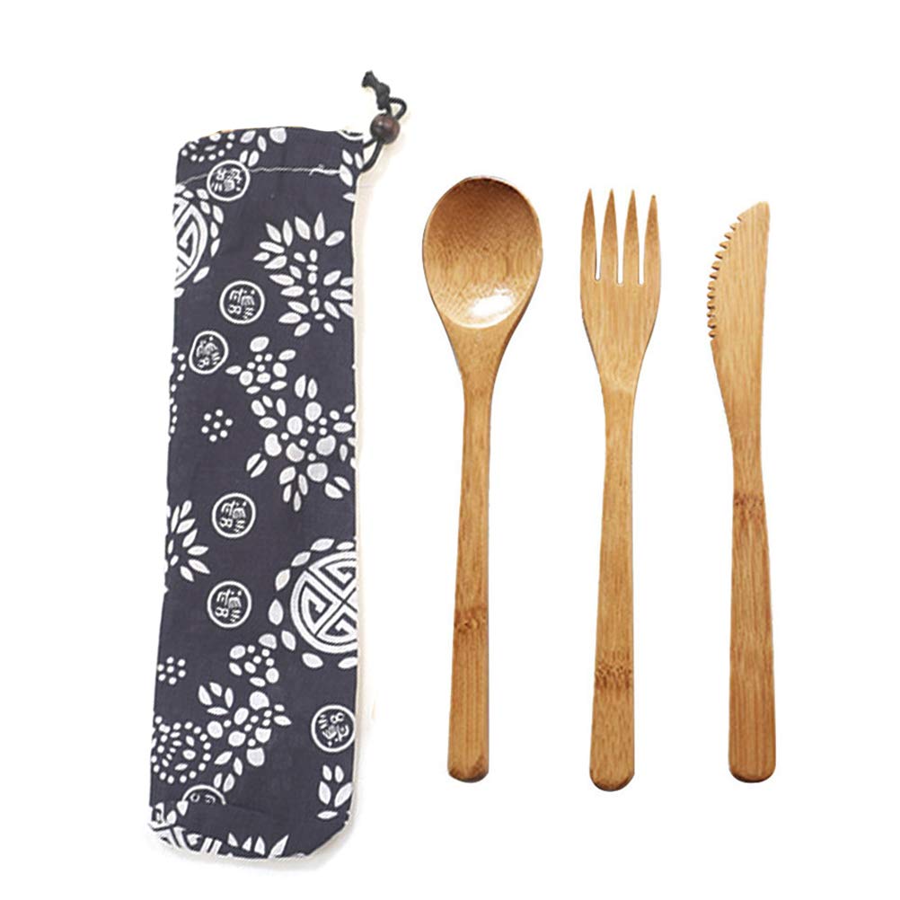 DOACT Bamboo Spoon Flatware, Easy to Clean Bamboo Cutlery Set Cloth Bag for Kitchen (b)