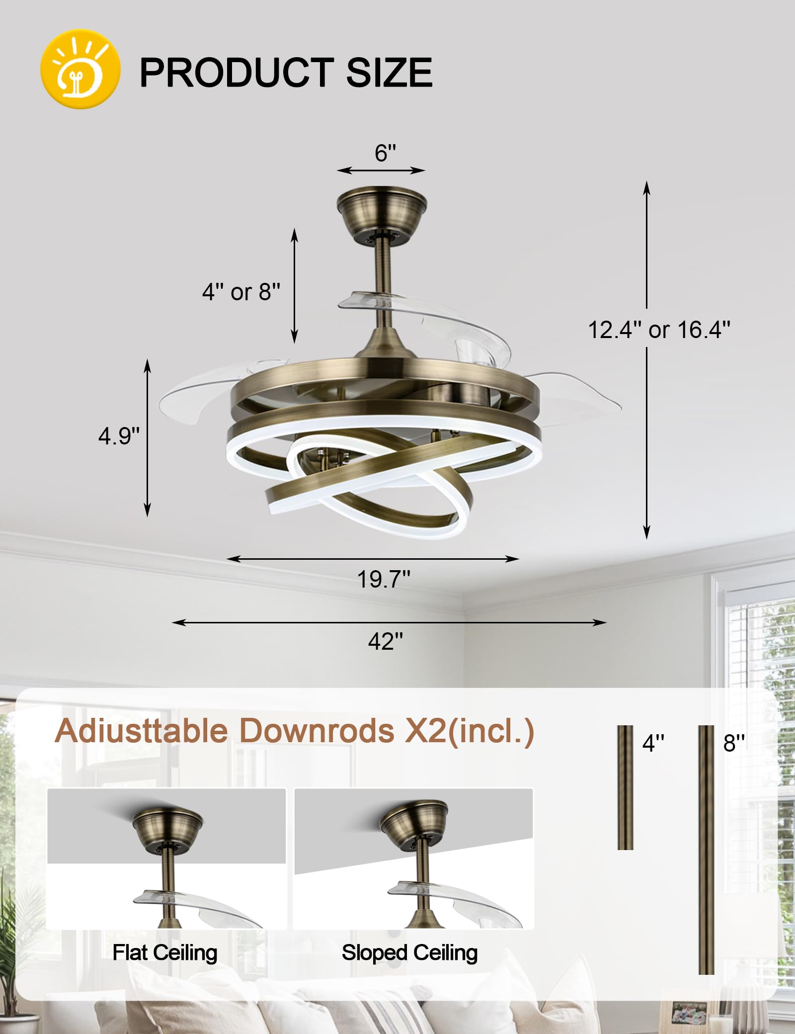 Dawn Whisper 42 Inch Retractable Ceiling Fan, Modern Ceiling Fans with Lights and Remote, Silent DC Motor, 6 Speed,Color Changing, Bronze Retractable Ceiling Fan with Lights for Kitchen