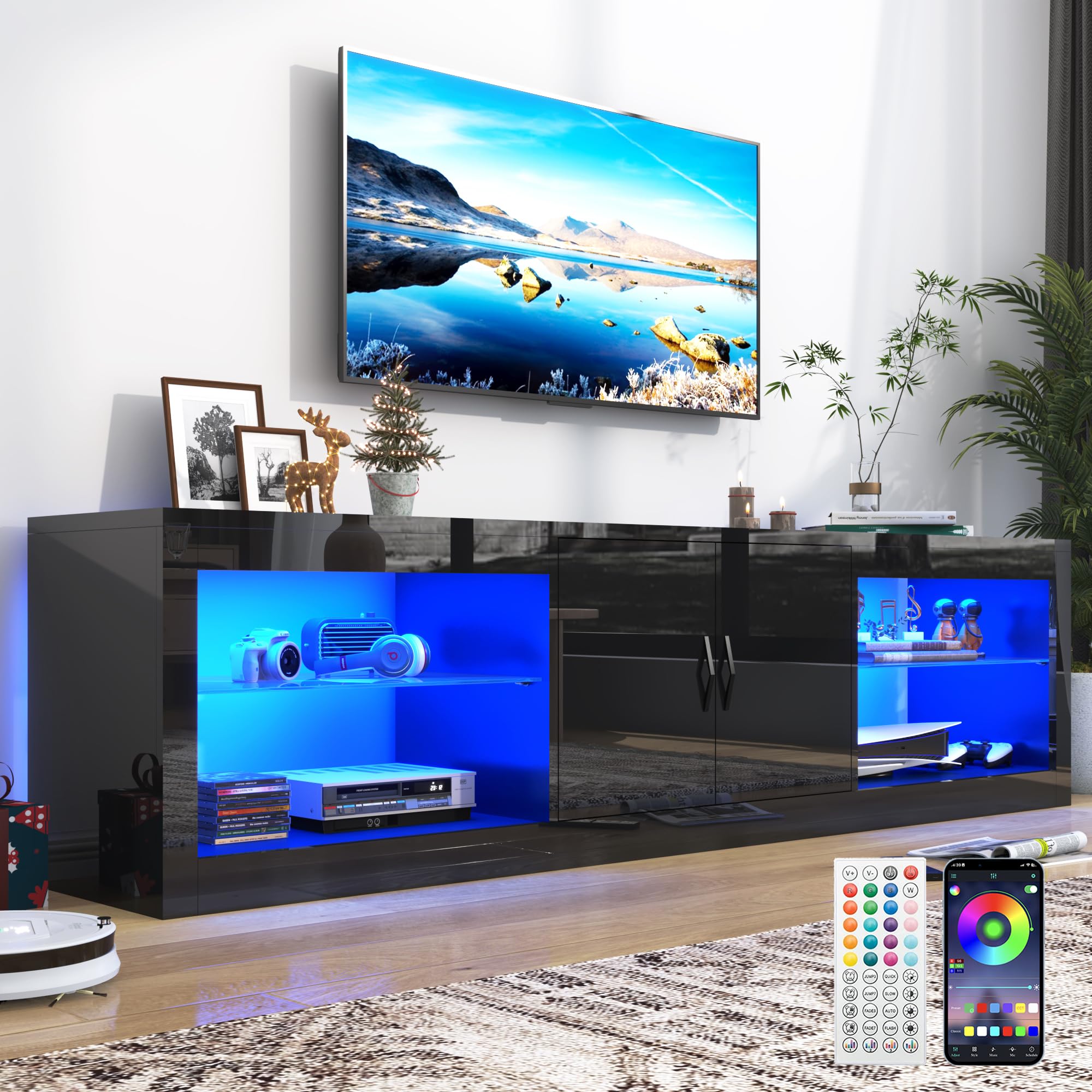 Vinctik 6&Fox 70 Inch Led TV Stand for 80/75 Inch TV, Modern Black Entertainment Center with Adjustable Glass Shelves Two Cabinets, Gaming High Gloss TV Stand with Led Light for Living Room,Black