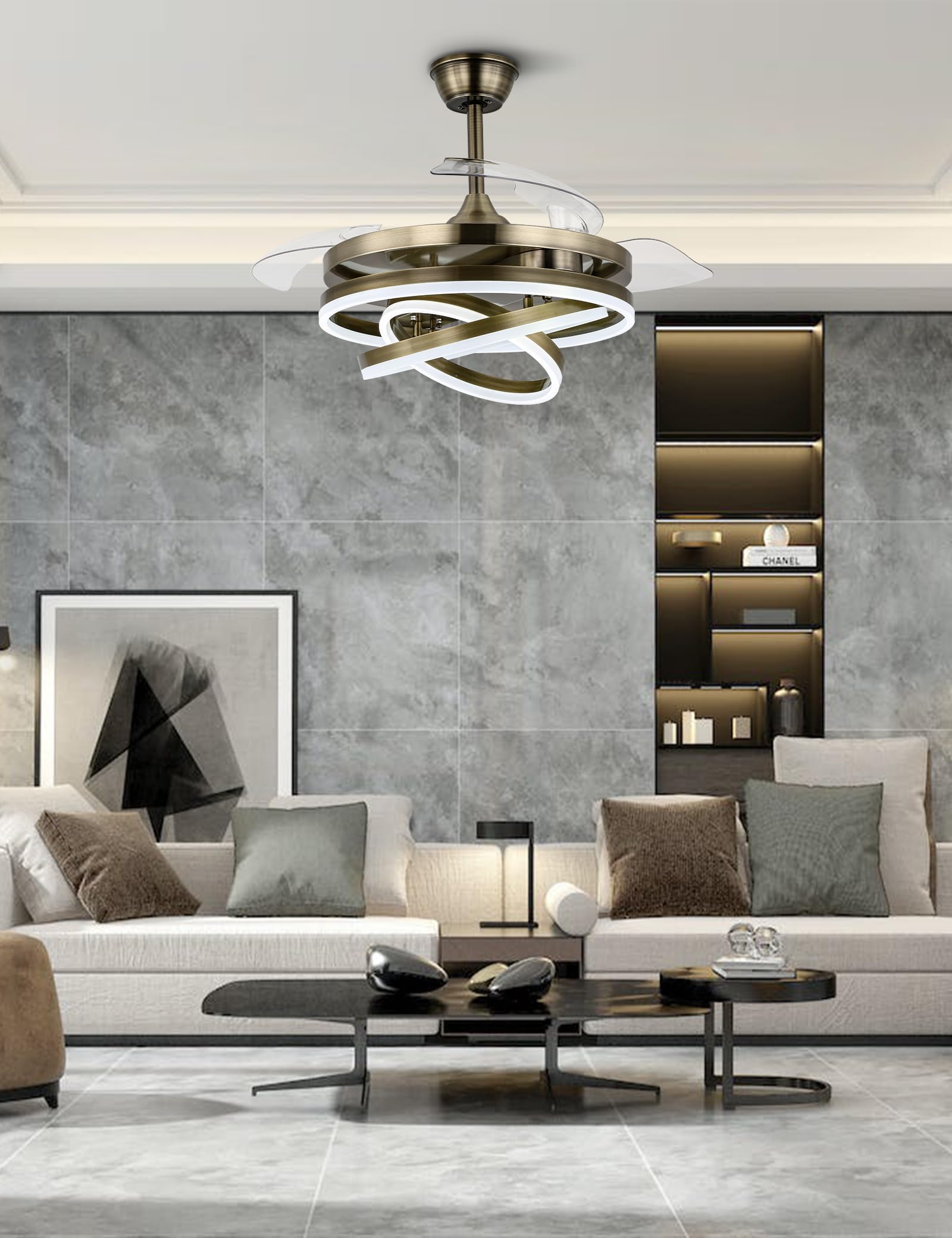 Dawn Whisper 42 Inch Retractable Ceiling Fan, Modern Ceiling Fans with Lights and Remote, Silent DC Motor, 6 Speed,Color Changing, Bronze Retractable Ceiling Fan with Lights for Kitchen