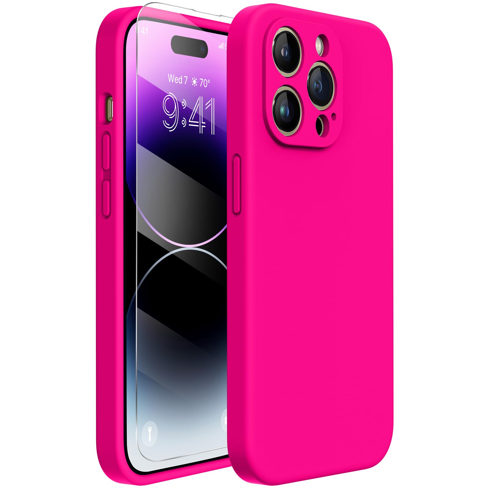 Miracase Designed for iPhone 14 Pro Max Phone Case with Screen Protector,[Upgraded Enhanced Camera Protection],Shockproof Liquid Silicone Case with Microfiber Lining,6.7 inch(Hot Pink)