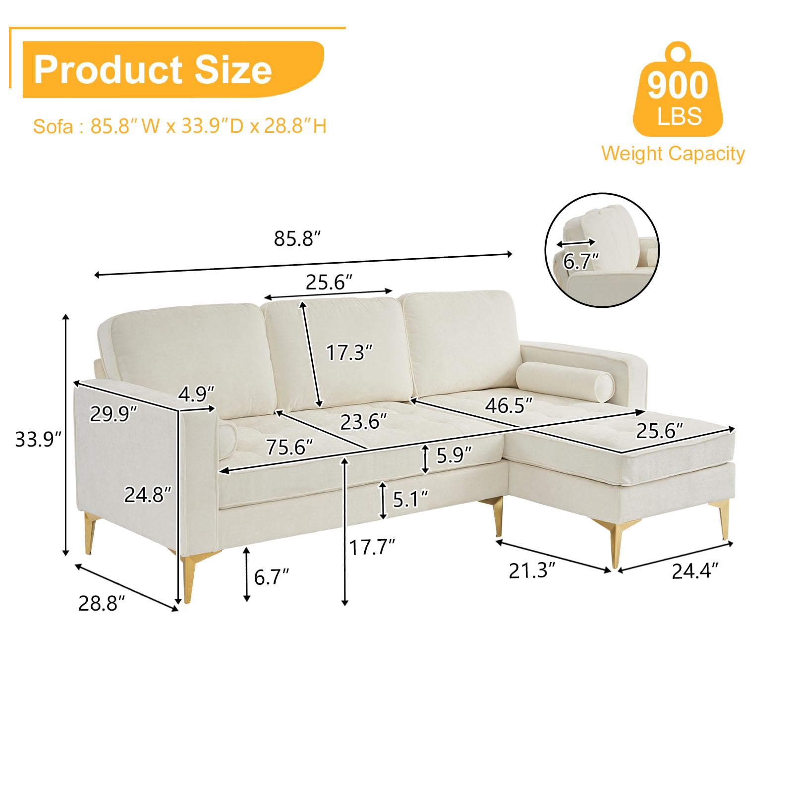 Karl home L-Shape Sectional Sofa Chenille Fabric Sofa Couch Living Room Futon Couch with Reversible Chaise, Lattice Decored Seat Cushion, Creamy-White