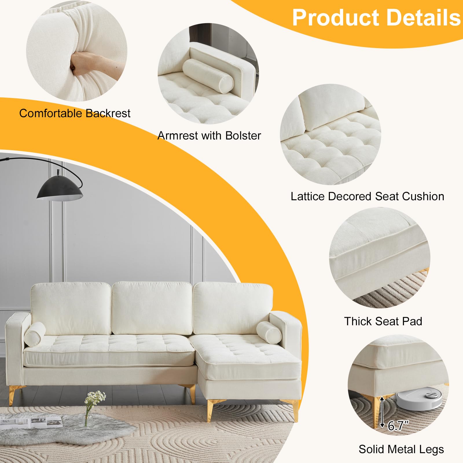 Karl home L-Shape Sectional Sofa Chenille Fabric Sofa Couch Living Room Futon Couch with Reversible Chaise, Lattice Decored Seat Cushion, Creamy-White