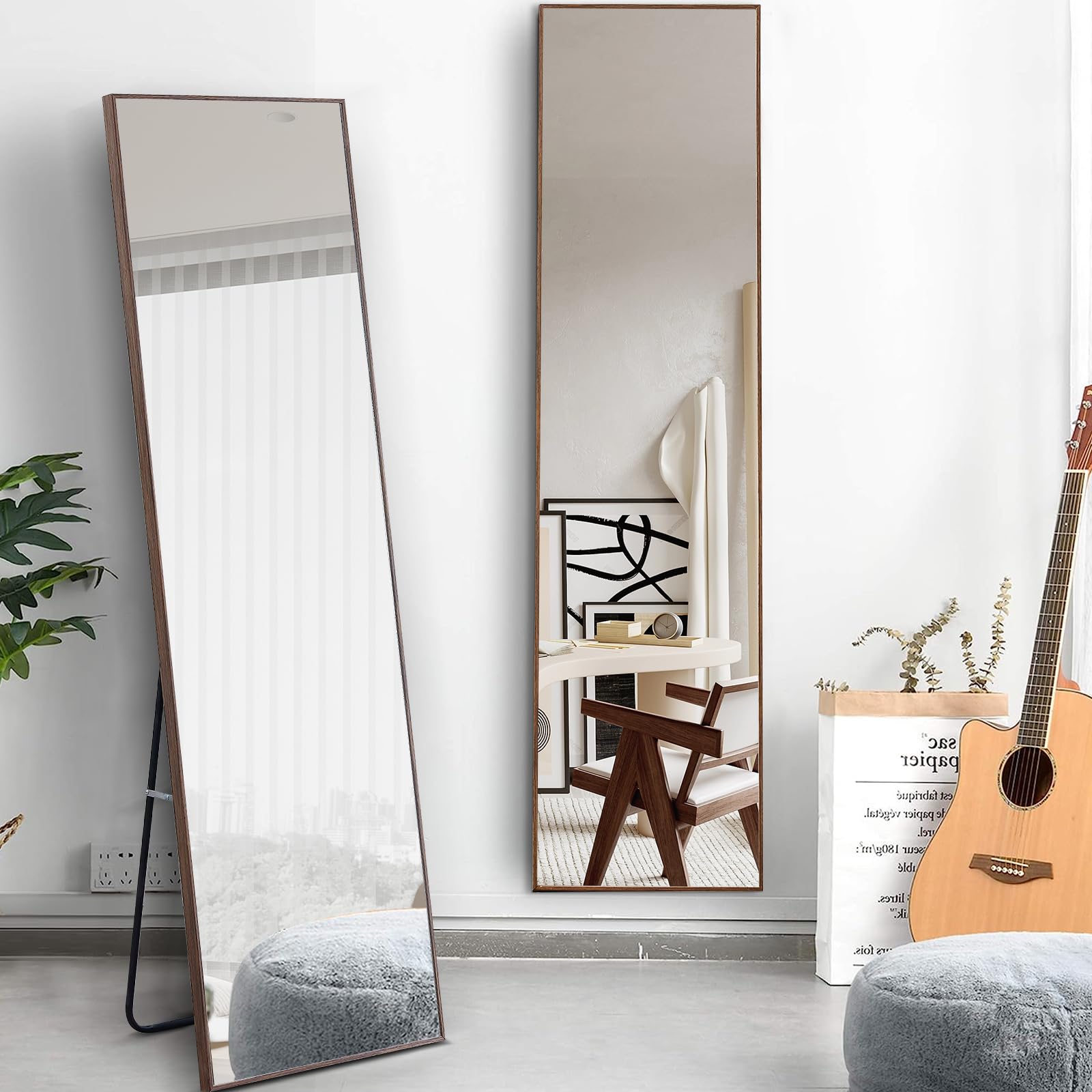 WIIS' IDEA 59"x16"Full Length Mirror,Durable Solid Wood Frame,Explosion-Proof Film,High-Definition Full Body Mirror,Standing/Leaning/Hanging Long Mirror for Bedroom,Bathroom,Living Room(Brown)