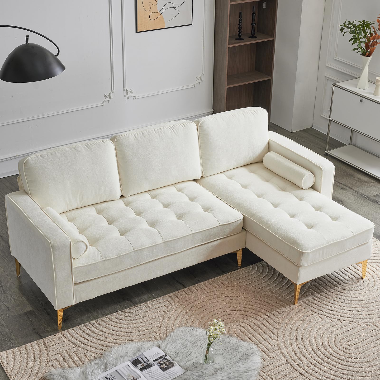 Karl home L-Shape Sectional Sofa Chenille Fabric Sofa Couch Living Room Futon Couch with Reversible Chaise, Lattice Decored Seat Cushion, Creamy-White