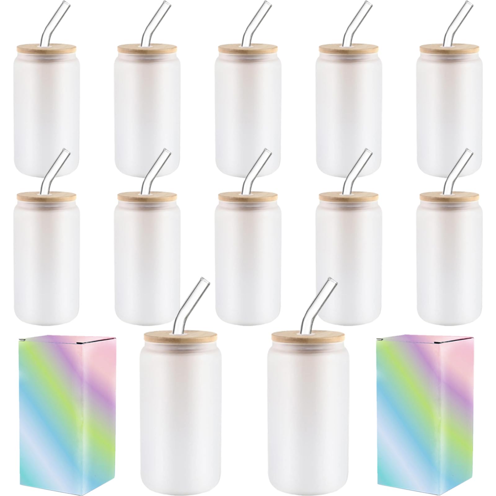 ABBSH Sublimation Glass Cups With Bamboo Lids And Straws, Frosted Sublimation Glass With Bamboo Lid 16OZ，Sublimation Beer Can Glass, Sublimation Frosted Glass Tumbler Blanks 12Pack