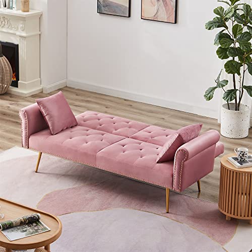 ERYE Tufted Upholstered Futon Sofa Daybed Modern Convertible Loveseat Sofa & Couch Soft Convenient Nap Sleeper Couch Bed for Home Office Apartment Furniture Sets Velvet with Pillows Nailhead Decor