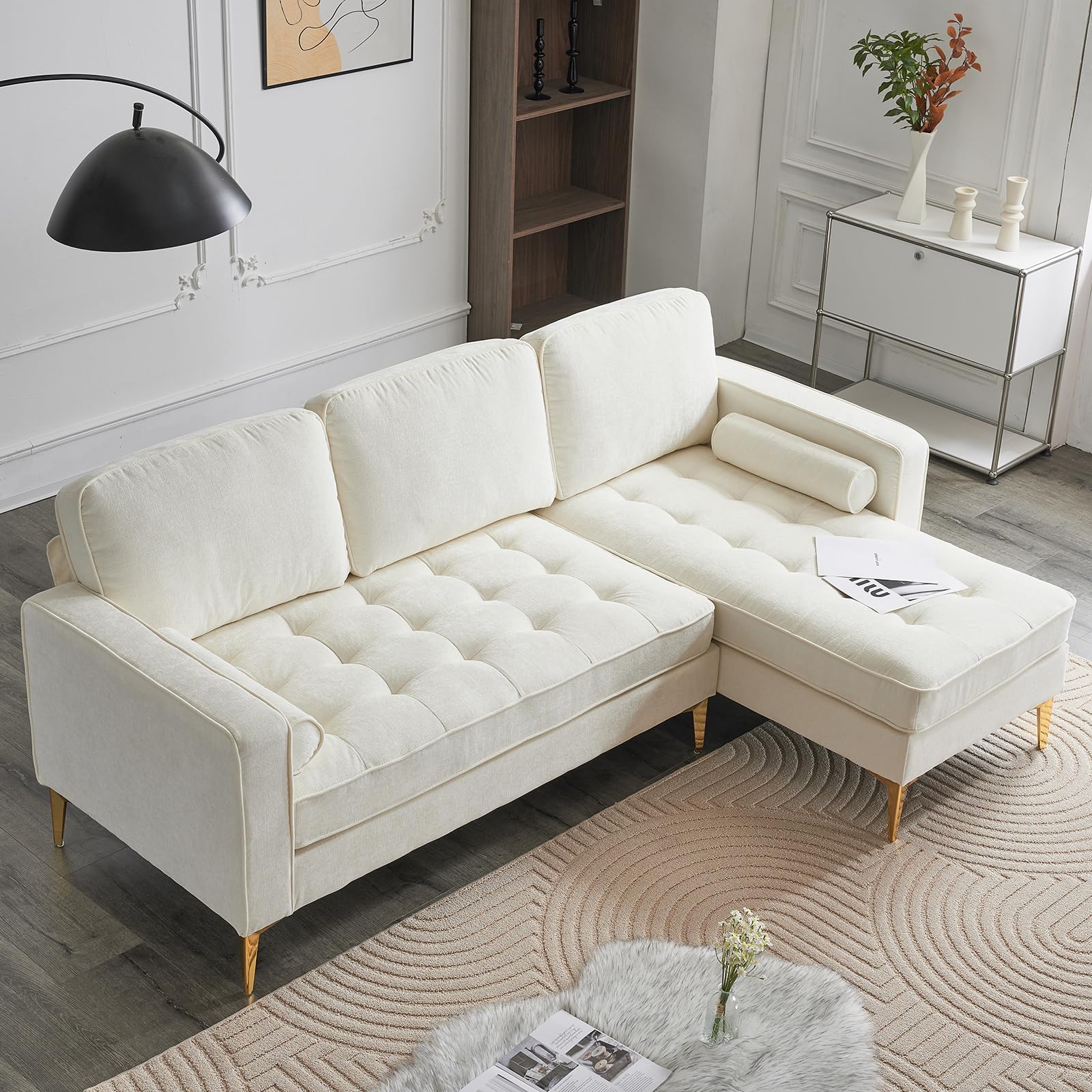 Karl home L-Shape Sectional Sofa Chenille Fabric Sofa Couch Living Room Futon Couch with Reversible Chaise, Lattice Decored Seat Cushion, Creamy-White