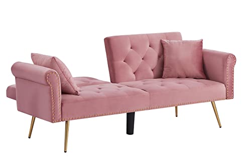 ERYE Tufted Upholstered Futon Sofa Daybed Modern Convertible Loveseat Sofa & Couch Soft Convenient Nap Sleeper Couch Bed for Home Office Apartment Furniture Sets Velvet with Pillows Nailhead Decor