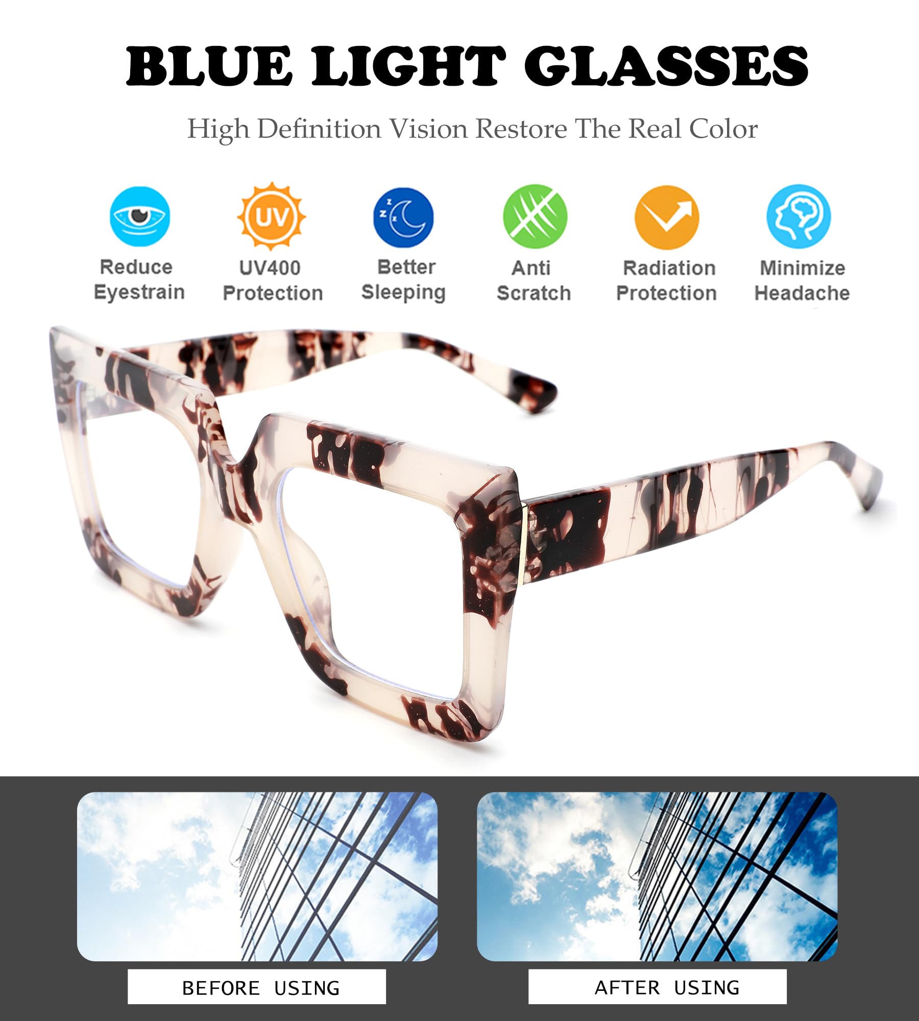 NULOOQ Blue Light Glasses for Women – Stylish Thick Square Oversized Computer Eyewear Non-Prescription Glasses (Tortoiseshell)