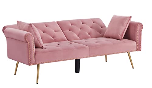 ERYE Tufted Upholstered Futon Sofa Daybed Modern Convertible Loveseat Sofa & Couch Soft Convenient Nap Sleeper Couch Bed for Home Office Apartment Furniture Sets Velvet with Pillows Nailhead Decor
