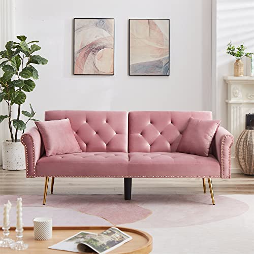 ERYE Tufted Upholstered Futon Sofa Daybed Modern Convertible Loveseat Sofa & Couch Soft Convenient Nap Sleeper Couch Bed for Home Office Apartment Furniture Sets Velvet with Pillows Nailhead Decor