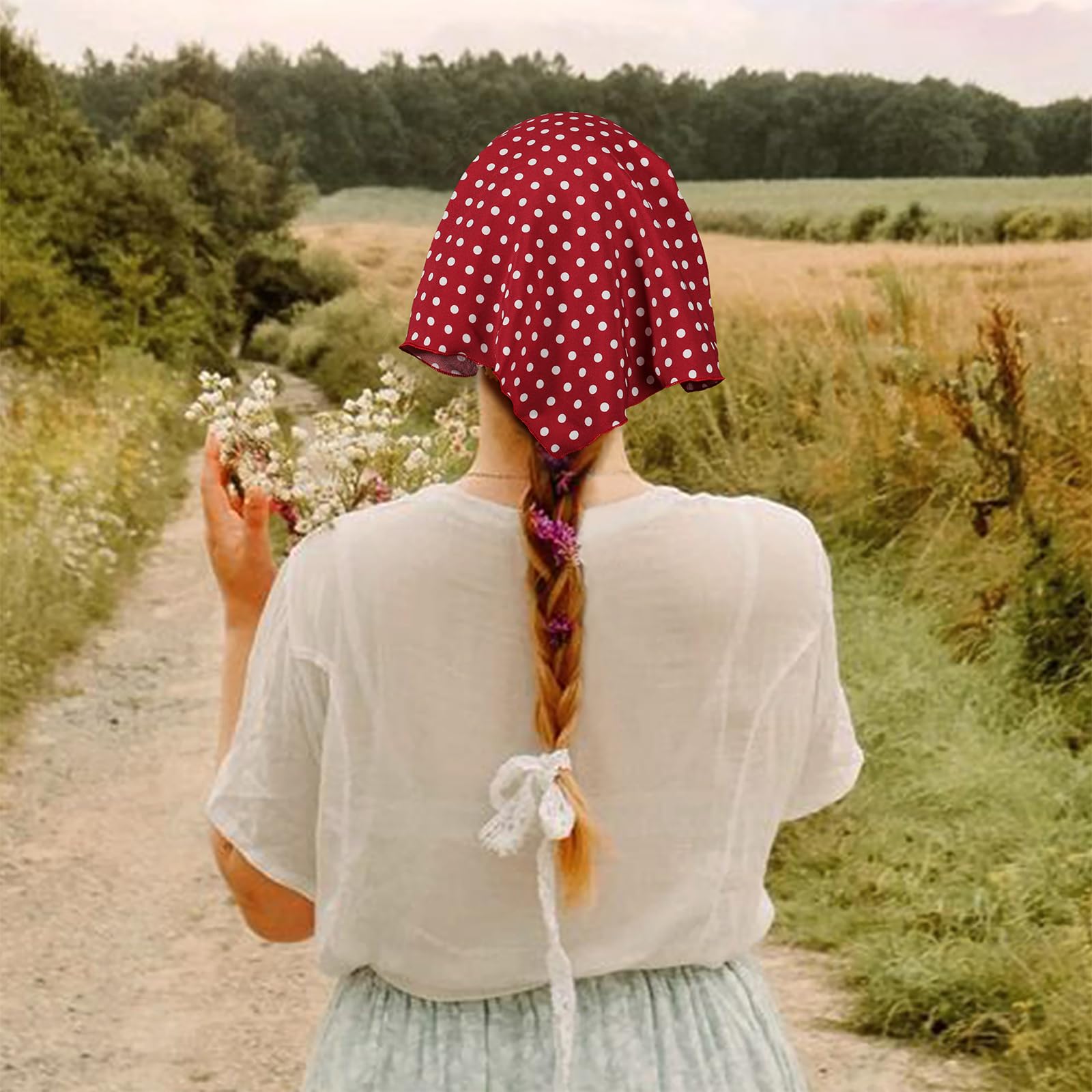 CHLINS 3 PCS Floral Hair Bandanas Kerchief Women Bandana Chiffon Scarf Triangle Kerchief with Ties Head Scarf (Polka dot (Red+Navy+Black))