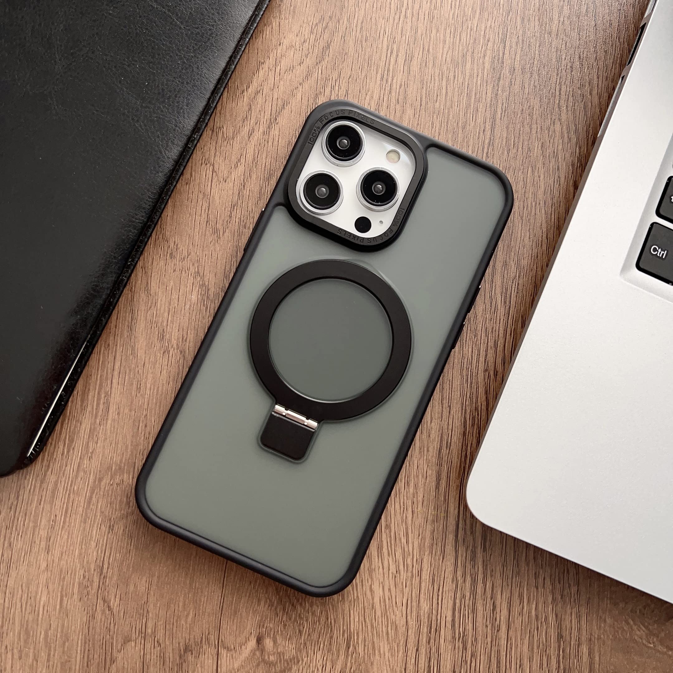 IKARY for iPhone 13 Pro Max Case with Hidden Magnetic Stand Compatible with Magsafe & Military-Grade Drop Protection - Shockproof Translucent Matte iPhone 13 Pro Max Phone Case, Black
