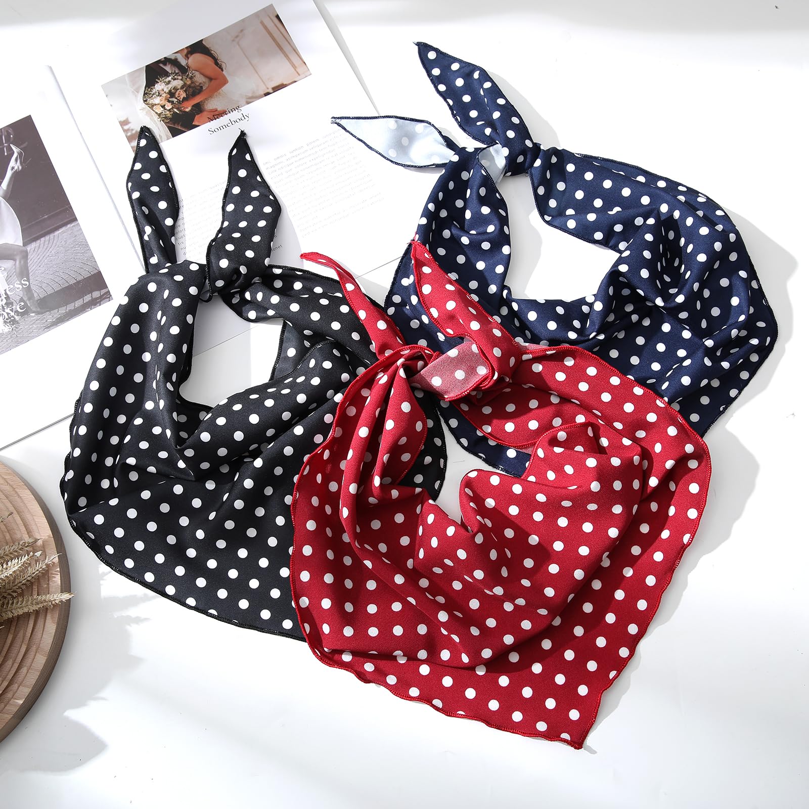CHLINS 3 PCS Floral Hair Bandanas Kerchief Women Bandana Chiffon Scarf Triangle Kerchief with Ties Head Scarf (Polka dot (Red+Navy+Black))