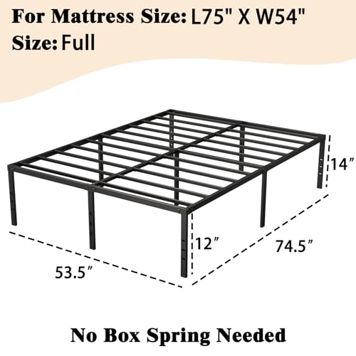 Jebosam Full Size Bed Frame No Box Spring Needed 14 inch Heavy Duty Platform Steel Support 2500 lbs Bed Frame Full Size Easy to Assembly Non-Slip Noise Free Black