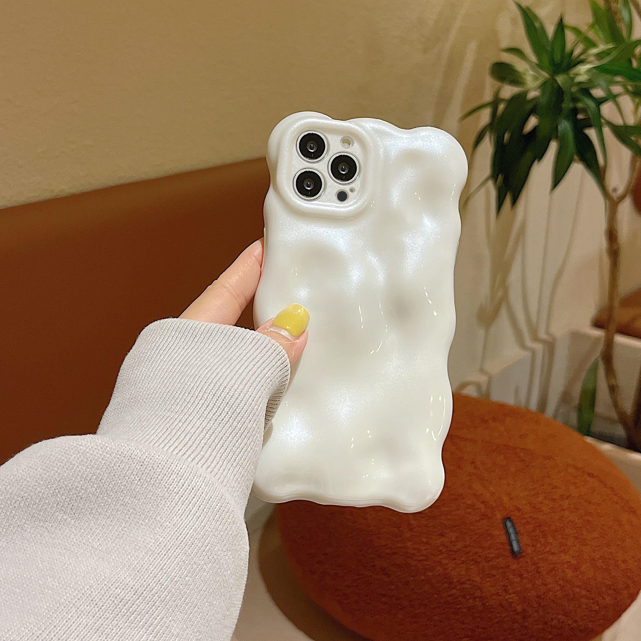 XIZYO for iPhone 13 Pro Max Case 6.7 Inch Cute Wave Pattern Aesthetic Phone Case 3D Curly Wavy Shape Plating Glitter Bling for Women Girls Soft Bumper Silicone Shockproof Case, Pearl White