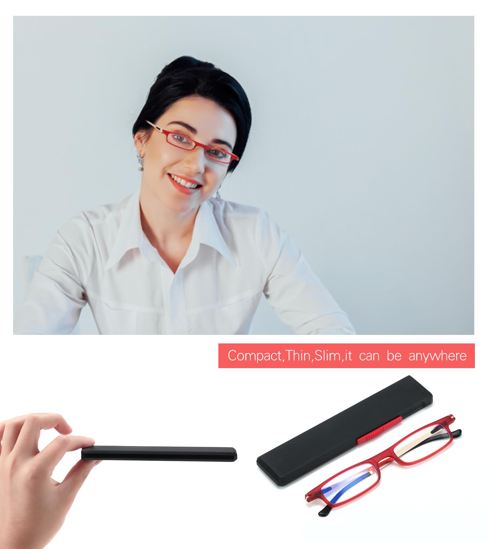 SKYOAK Ultra thin Lightweight Folding Reading Glasses Women Men TR90 Blue Light Blocking Anti UV/Eyestrain Foldable Compact Computer Readers Portable Unique Stretchable Slim Flat Case Red +2.0