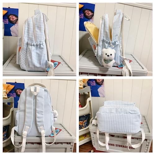 Kawaii Backpack with Cute Accessories Large Capacity Checkered Plaid Rucksack for Women Trendy Aesthetic Casual Daypack (Black)