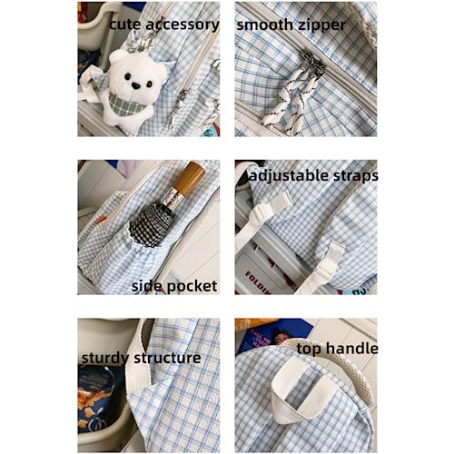 Kawaii Backpack with Cute Accessories Large Capacity Checkered Plaid Rucksack for Women Trendy Aesthetic Casual Daypack (Black)