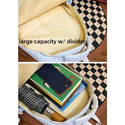 Kawaii Backpack with Cute Accessories Large Capacity Checkered Plaid Rucksack for Women Trendy Aesthetic Casual Daypack (Black)