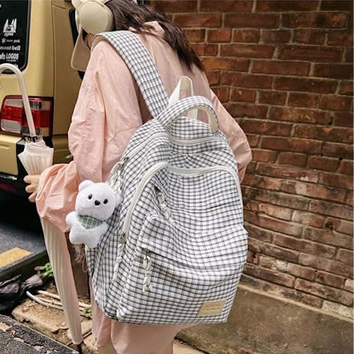 Kawaii Backpack with Cute Accessories Large Capacity Checkered Plaid Rucksack for Women Trendy Aesthetic Casual Daypack (Black)