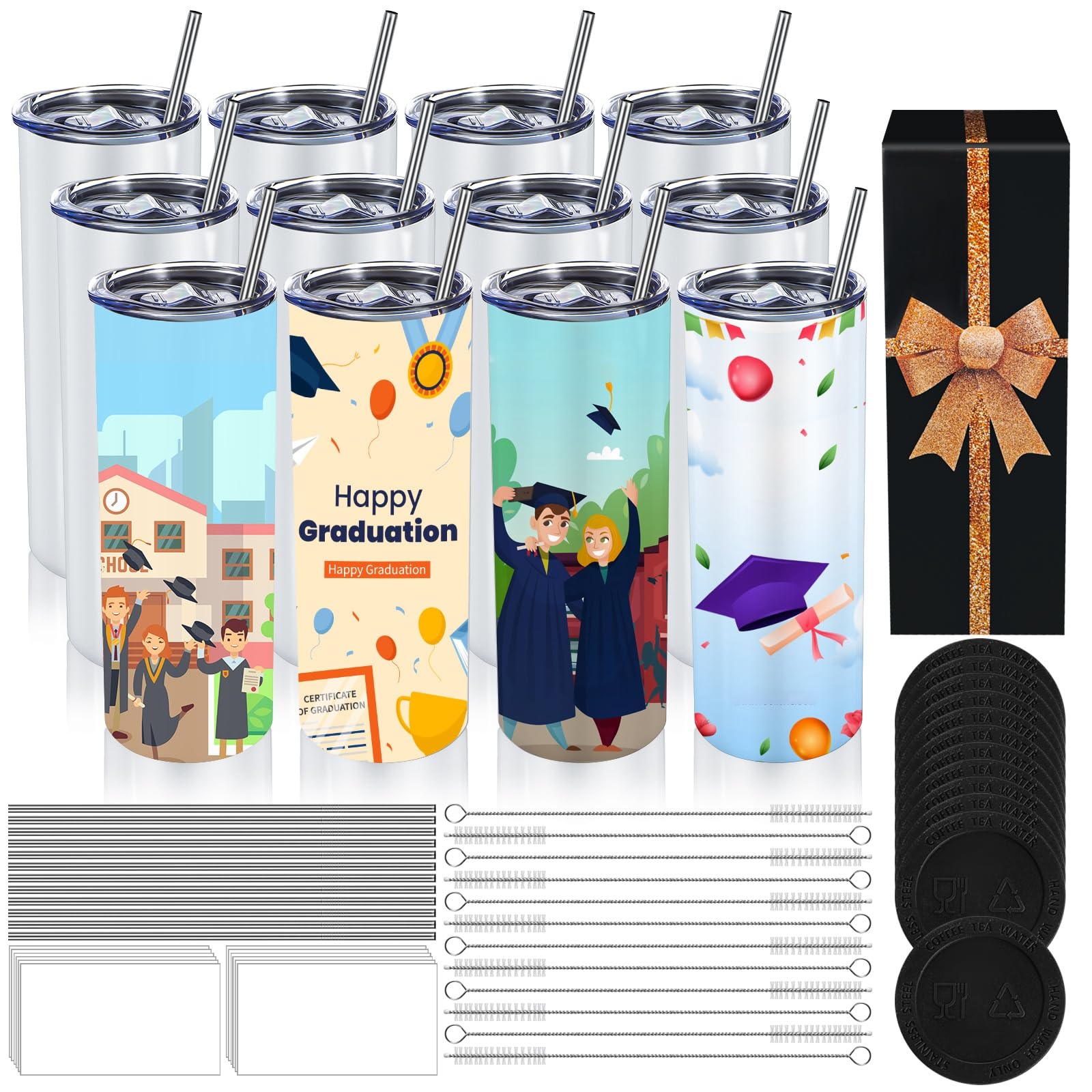 Needbrock Sublimation Tumblers Blank 20oz, 12 Pack Straight Skinny Double-Walled Insulated Tumblers Blank White with Individually Gift, Lids, Straw, Rubber Bottoms